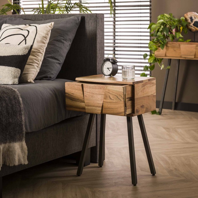 Table de Chevet Scandinave Bois Acacia et Métal Demn